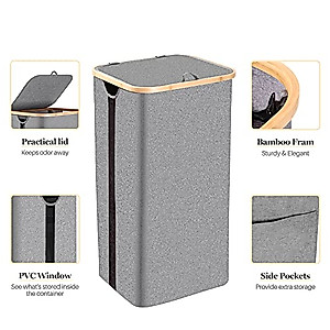 Grey Laundry Hamper with Lid, 100L Large Laundry Basket, Clothes Hamper with Clear Window Visible, Removeable Laundry Bags for Bathroom Bedroom Home, Toy Organizer, Laundry Room