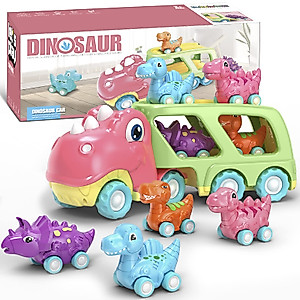 Dinosaur Car Toy for Toddler Girl, Dino Carrier Truck with 4 Mini Cartoon Pull Back Cars with Realistic Lights and Sounds, Pink Girls Toys for Kid Child Baby Age 3 Years Old Birthday Party Gift