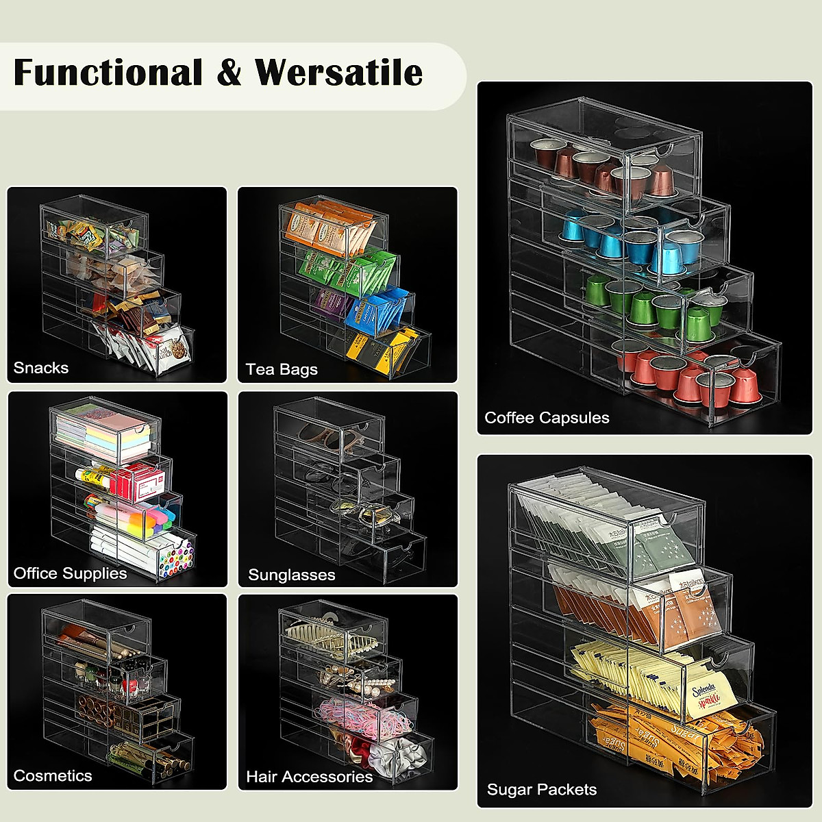 ELLDOO Coffee Pod Holder with 4 Drawers, Acrylic Coffee Pod Organizer for K Cup Espresso, Clear Coffee Capsule Storage Holder Desk Organizer Box for Coffee Bar Office Home Coffee Station Counter