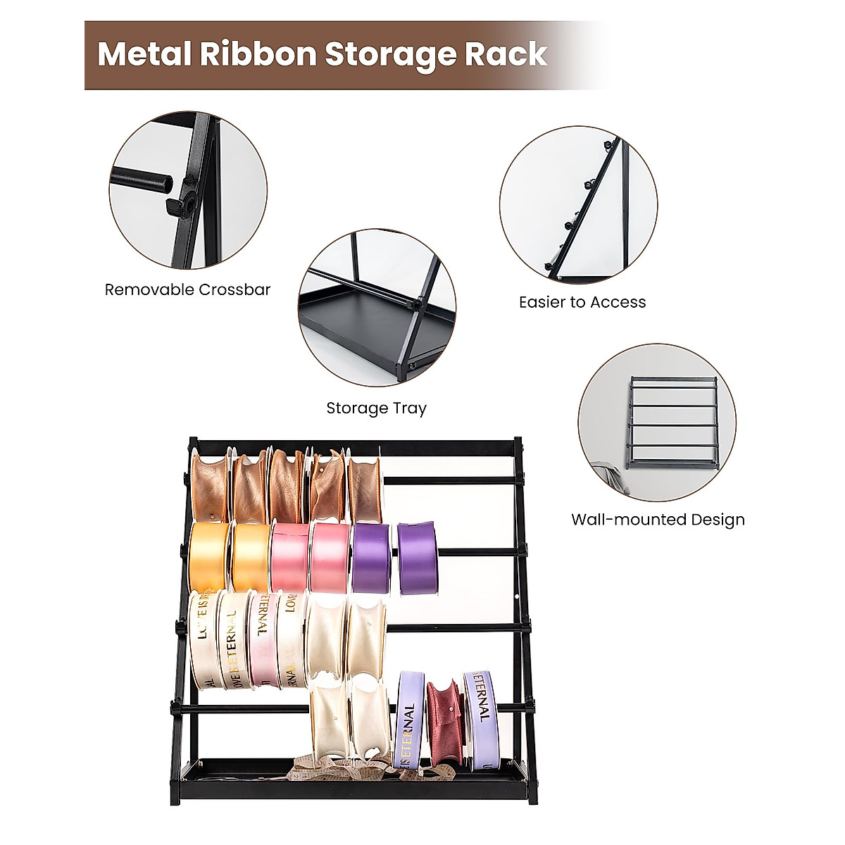 ZOMICE Ribbon Holder Organizer Rack with Storage Tray, 4 Tier Ribbon Spool Holder Stand,Metal Sewing Organizer Display Shelf for Craft Room,Cake Shop,Flower Store(On the Table & Wall Mounted)