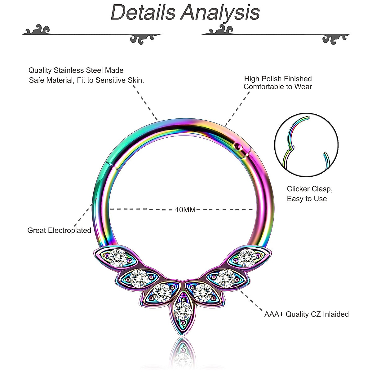 REVOLIA 9Pcs 16G Stainless Steel Septum Rings Clicker Ring Hoop Nose Ring Cartilage Helix Daith Tragus Earring Hinged Piercing C