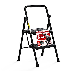 HBTower 2 Step Ladder, Folding Step Stool with Wide Anti-Slip Pedal, Sturdy Steel Ladder, Convenient Handgrip, Lightweight 500lbs Portable Steel Step Stool, Black