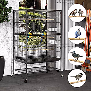 YITAHOME 52-inch Wrought Iron Flight Bird Parakeet Parrot Cage for Large Cockatiel, Canary, Finch, Lovebird, Parrotlet, Conure, Pigeons, African Grey Quaker, Birdcage with Rolling Stand.