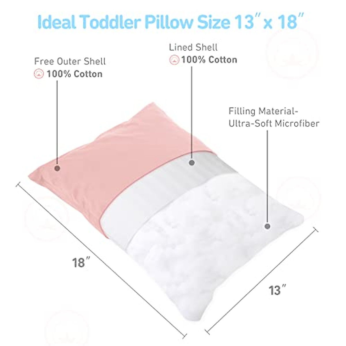 Babebay Toddler Pillow with Pillowcase, 13×18 100% Cotton Toddlers Pillows for Sleeping, Machine Washable Kids Pillows Perfect for Toddler Bed, Daycare, Small Pillows for Toddlers, Kids, Girls - Pink