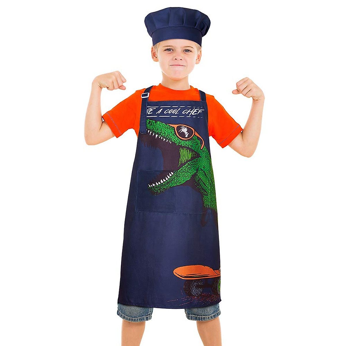MHJY Kids Apron and Chef Hat for Boys Dinosaur Child Aprons with Pockets,Adjustable Child Apron for Cooking Baking Painting,Dark Blue,Small (3-7 Years)