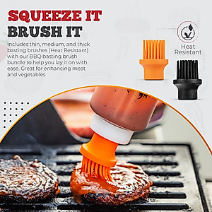 Sauce Basting Bottle Set for Grilling with 3 Silicone BBQ Basting Brush Caps & 2 Squeeze Caps - Squeeze Bottles for Sauces with Applicators, Storage Caps & Funnel - Condiment Sauce Dispenser