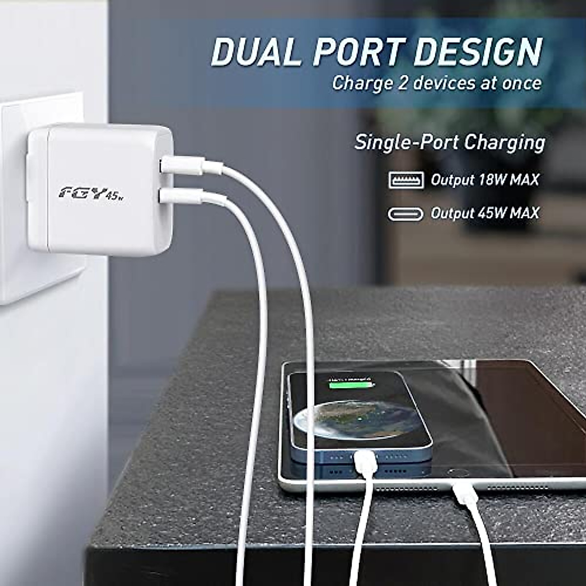 FGY USB C Wall Charger, 45W GaN II Fast Charger Dual Port Charging Block, Fast Charging for iPhone14/13/12/11/Pro Max/Pro, MacBook Pro/MacBook Air, iPad Pro/Air/Mini, Samsung Galaxy S22/S21 Series