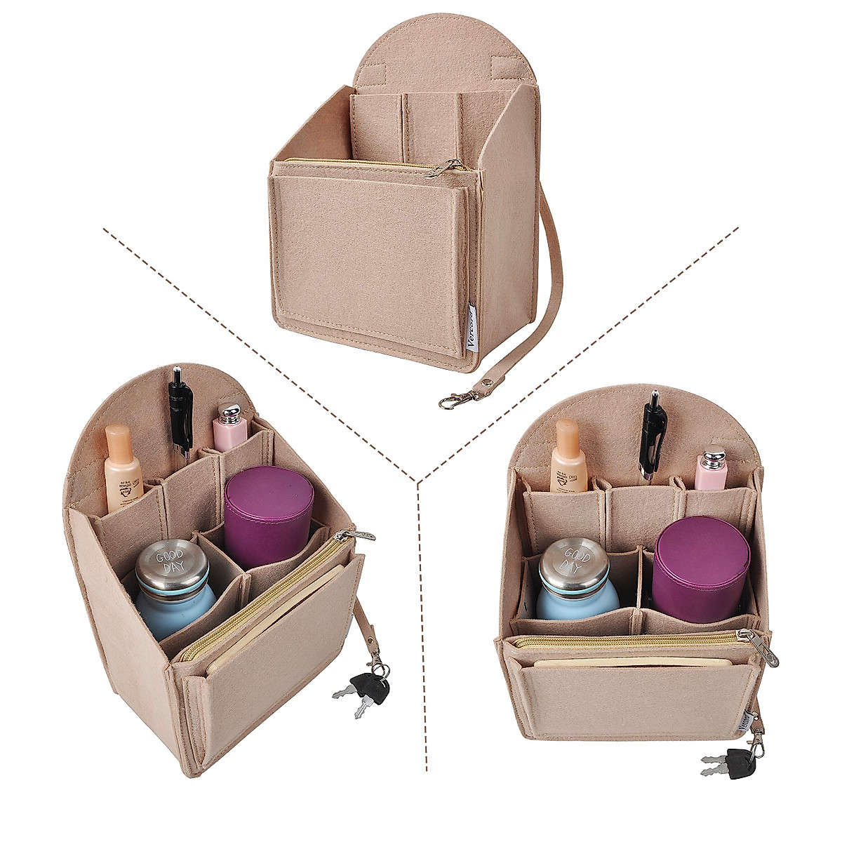 Vercord Felt Backpack Organizer Rucksack Insert Liner Inside Daypack Shoulder Bag Beige Small