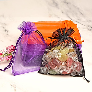 choyaxo 150PCS Organza Bags Satin Drawstring Halloween Christmas Valentine's Day Candy Jewelry Bags for Wedding Party Birthday (black-purple-orange)