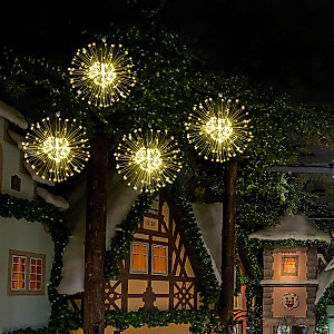 Firework Lights, 4 Pack 120 LED Copper Wire Starburst String Lights with 8 Modes Remote Waterproof Hanging Fairy Decorative Lights for Wedding Party Christmas Garden Patio Home Decoration(Warm White)