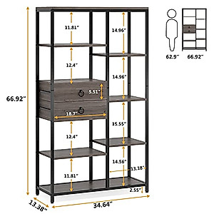 LITTLE TREE Reversible Bookshelf with 2 Drawers, 5 Tier Tall Bookcases Wood Open Bookshelves Display Book Shelf Decorative Storage Shelves for Living Room Bedroom, Black Rustic Gray
