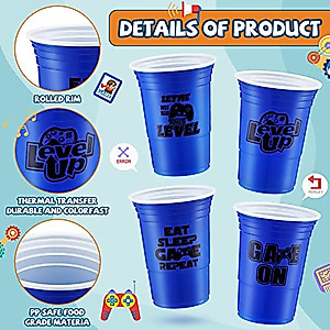 48 Pcs Disposable Video Game Party Plastic Cups, 16 oz Blue Video Game Party Favors Plastic Stadium Cups, Hot Cold Drinks for Kids Gamer Birthday Video Game Party Decorations, 4 Design