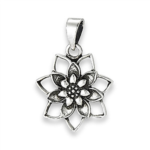 Floral Lotus Pendant .925 Sterling Silver Cutout Detailed Flower Oxidized Charm