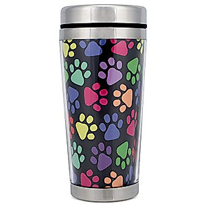 Elanze Designs Colorful Paw Prints on Black 16 Oz Stainless Steel Travel Mug