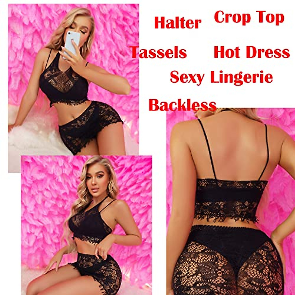QuneusHot 3pcs Sexy Women Fishnet Dress Camisole Babydoll Lingerie Nightgowns Chemise Nightwear Sleepwear Black Set
