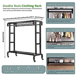 HM&DX Clothes Rack with Wheels,Double Rods Clothing Rack for Hanging Clothes,Heavy Duty Clothes Garment Racks,Industrial Pipe Clothes Rack,Metal Rolling Clothing Racks Organizer for Clothes Shoes