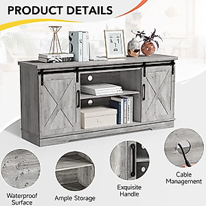 GAOMON Farmhouse TV Stand - Modern Entertainment Center for 65 Inch TVs, Barn Door Console Table with Storage & Shelves - Grey Living Room Furniture