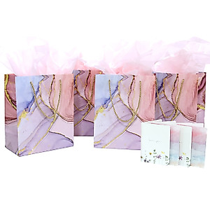 Luxurious Pink Marble & Glitter Gift Bags (4 Packs) - Medium Size 7.75" X 4.3" X 9.6" - Includes 4 Tissue Papers & 4 Cards - Perfect for Valentine's Day, Mother's Day, Bridal Shower, Parties, Weddings, Baby Shower, Anniversaries