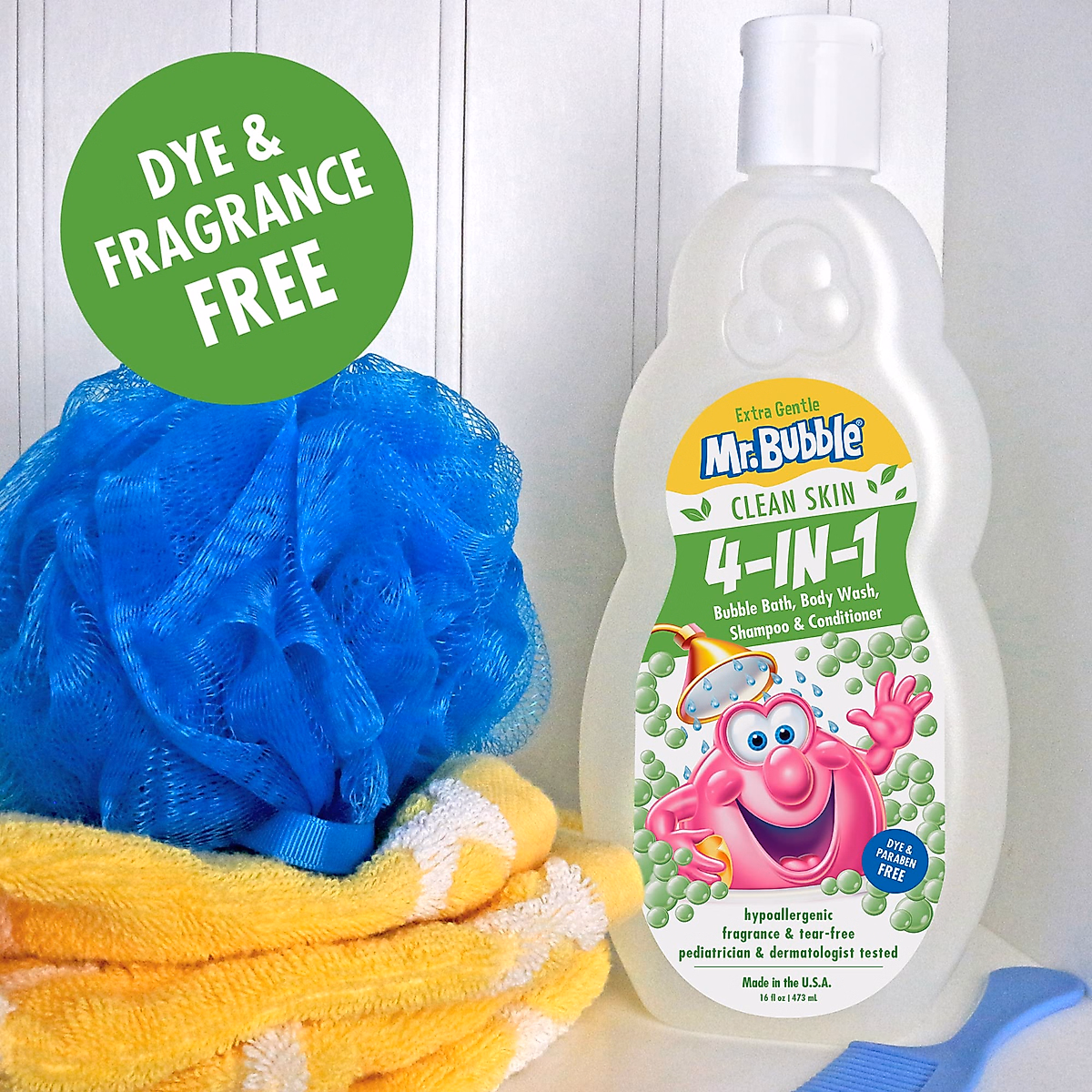 Mr. Bubble Kids Extra Gentle 4-in-1 - Body Wash, Shampoo, Conditioner, and Bubble Bath - Hypoallergenic, Non-Scented, Dye Free, No Tear Formula, Perfect for Sensitive Skin (4 Bottles, 16 fl oz each)