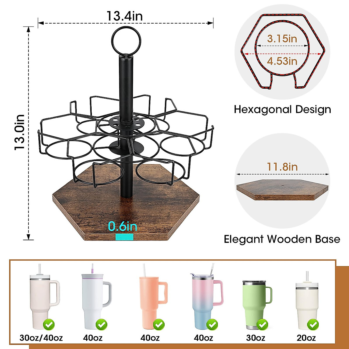 Stanley Cup Holder for Tumbler With Handle, 360° Rotating Stanley Cup Organizer Water Bottle Storage 20/30/40oz Kitchen, Hexagonal Spinning Tumblers Organizer Countertop Cabinet 6 Slots Mugs Turn Rack