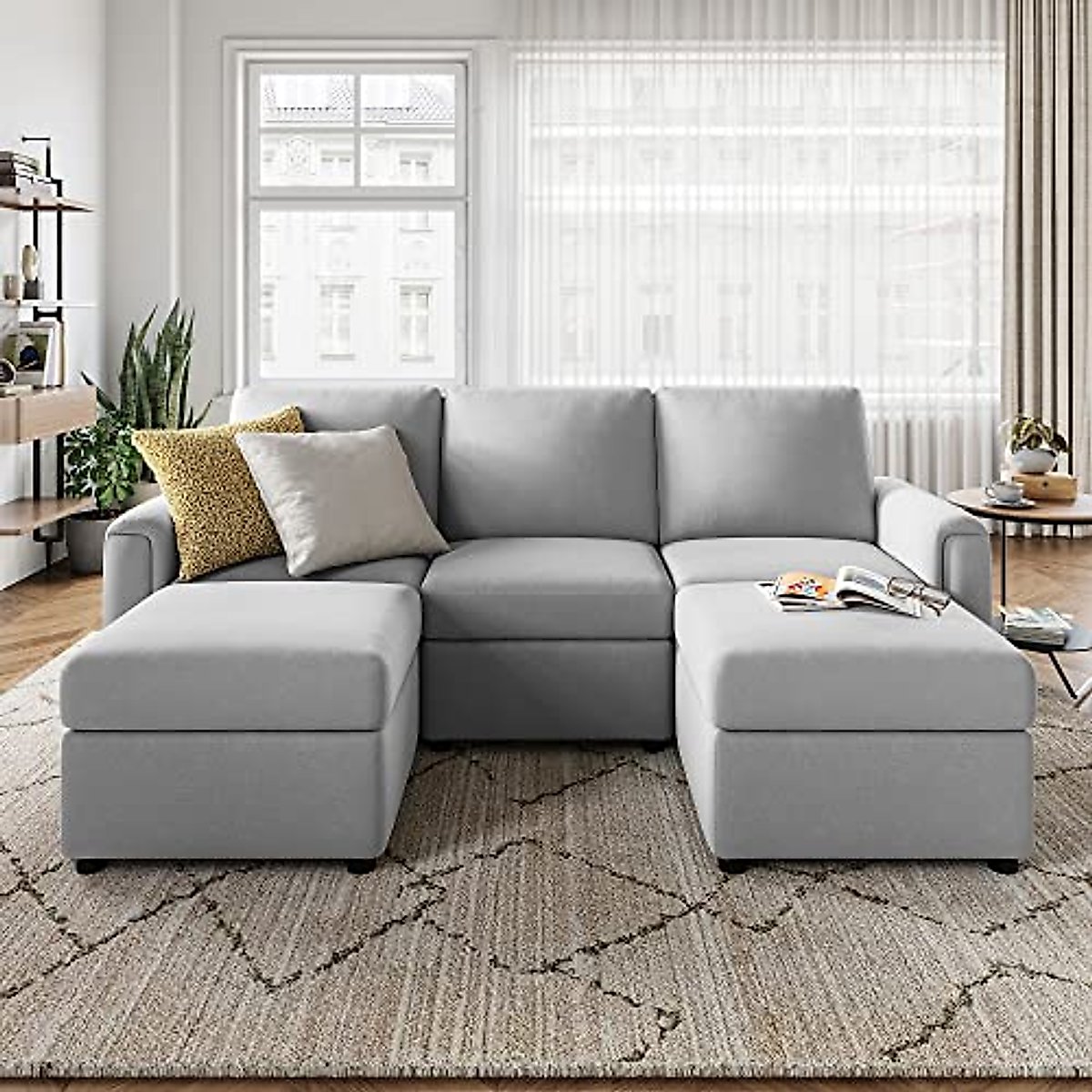 LINSY HOME Modular Sofa, Sectional Couch L Shaped Sofa with Storage, Modular Sectionals with Storage Space and Ottomans, Modern Small Sofa with Chaise for Living Room, Gray