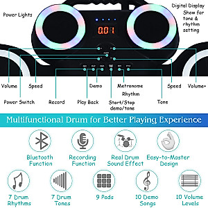 Costzon 9 Pads Electronic Drum Set with LED Light, Portable Roll up MIDI Drum Practice Pad w/Bluetooth, 7 Tones & Rhythms, 10 Demos, Foot Pedals, 2 Built-in Speakers, for Beginners Kids (Black)