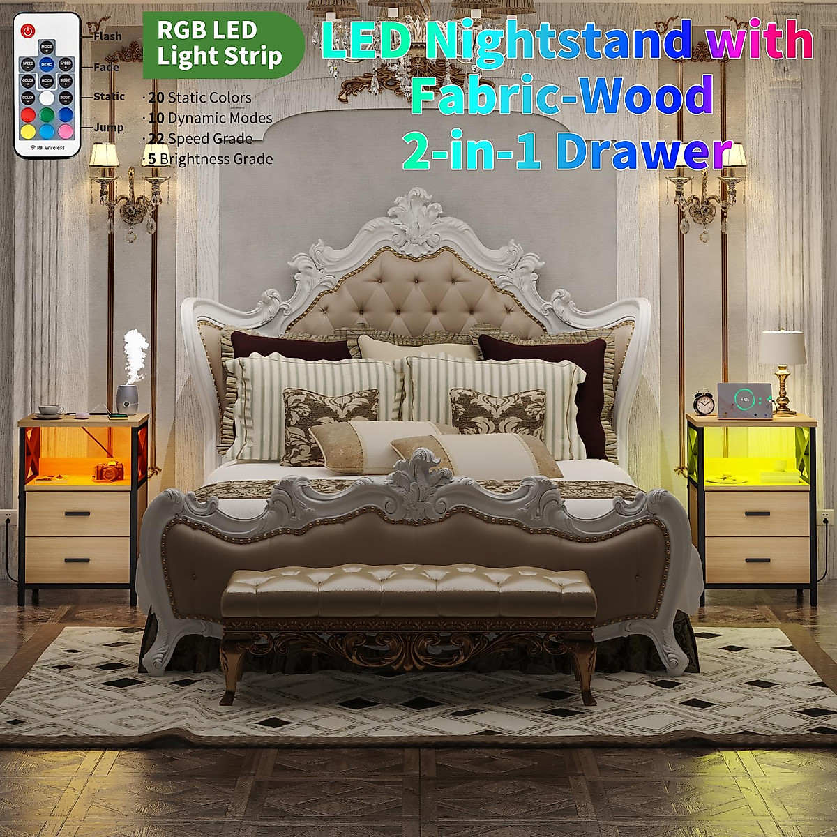 HDDDZSW LED Nightstand with Charging Station, Side Table with USB Ports and Outlets, End Table for Small Spaces, Log Colour Bedside Tables with Fabric-Wood 2-in-1 Drawer for Bedroom, Living Room