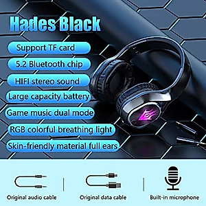 Game Headset Headphone Sporting Game Luminous, Foldable Bluetooth Stereo Headphones, Wireless Active Noise Cancelling Earmuffs, Dual Mode Bluetooth 5.2 Support TF- Card Mode