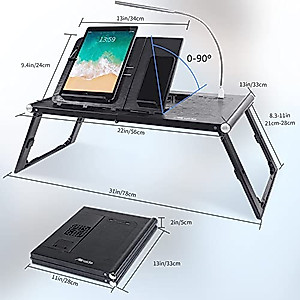 Allinside Foldable Laptop Desk, Adjustable Laptop Desk Bed Tray Tablet, Portable iPad Table with Cooling Fans Built-in 10000mAh Rechargeable Power Bank and USB LED Light for Working, Reading - Black