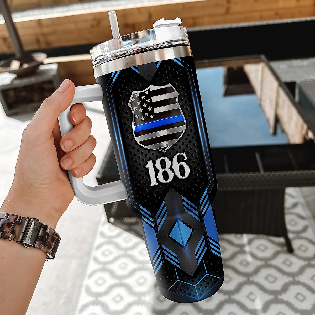 Hyturtle Police Gifts Personalized Thin Blue Line Tumbler US Flag Police Academy Graduation Gifts for Men Cops Officer Retirement Tumblers 40 Oz Tumbler With Lid And Straw