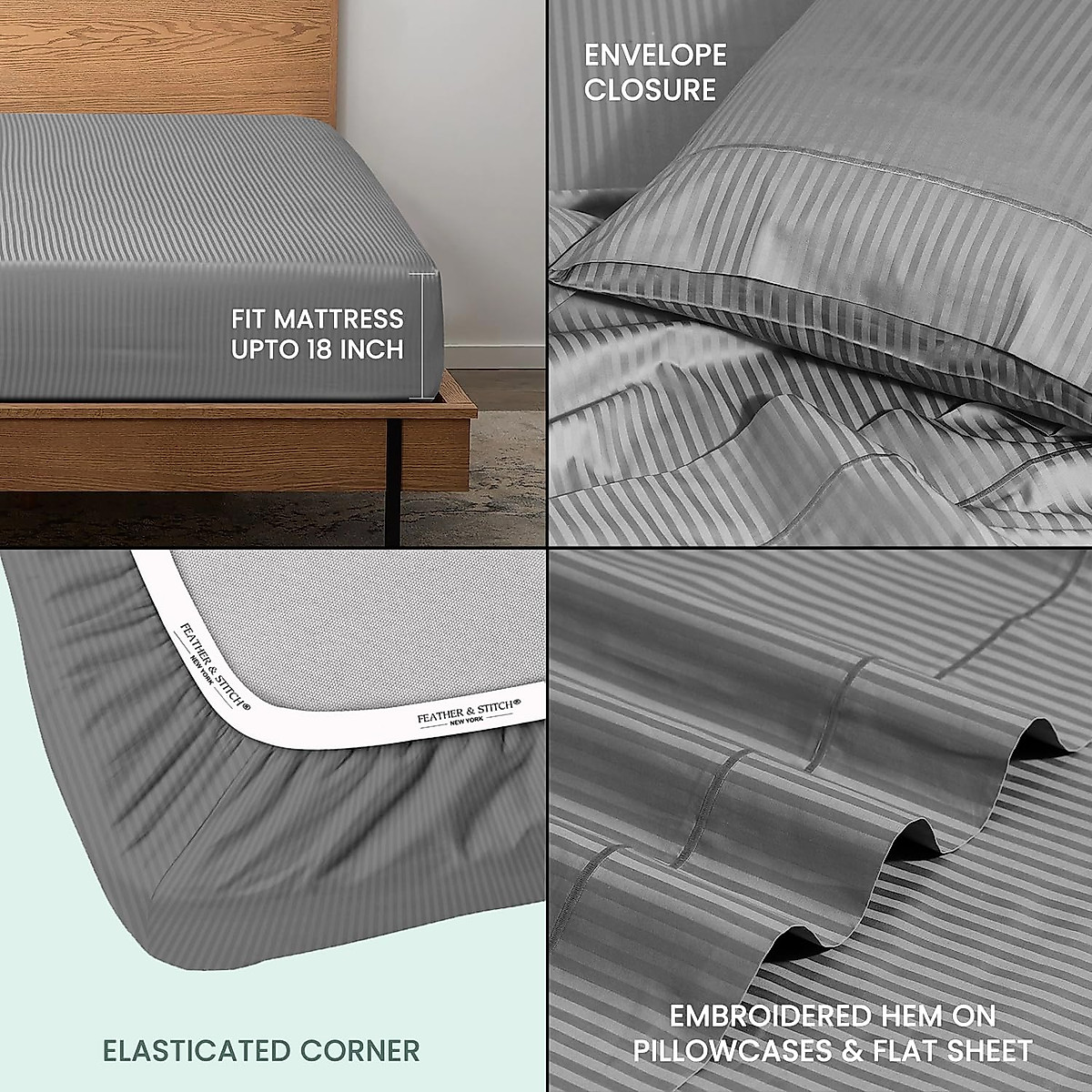 Feather & Stitch 500 TC Full Size Damask Bed Sheet Set, 100% Cotton Soft Breathable Bedsheets, 4 Piece 18" Deep Pockets Sateen Weave Striped Bedding Mattress Resort Hotel Luxury- (Grey, Full)