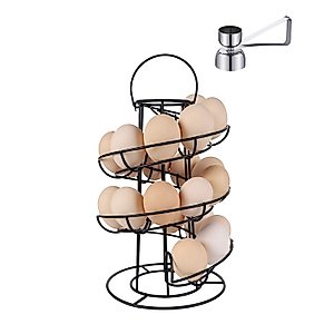 WUHOSTAM Modern Spiraling Design Egg Skelter,Double Stable Base Egg Dispenser Rack,Egg Storage Holder for Raw/Soft Hard Boiled Egg,Black(With Stainless Steel Egg Opener)