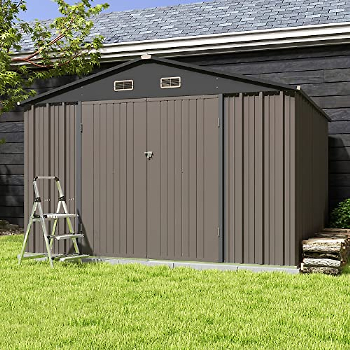 Patiowell 10 x 10 FT Outdoor Storage Shed, Steel Yard Shed with Design of Lockable Doors, Utility and Tool Storage for Garden, Backyard, Patio, Outside use,Brown