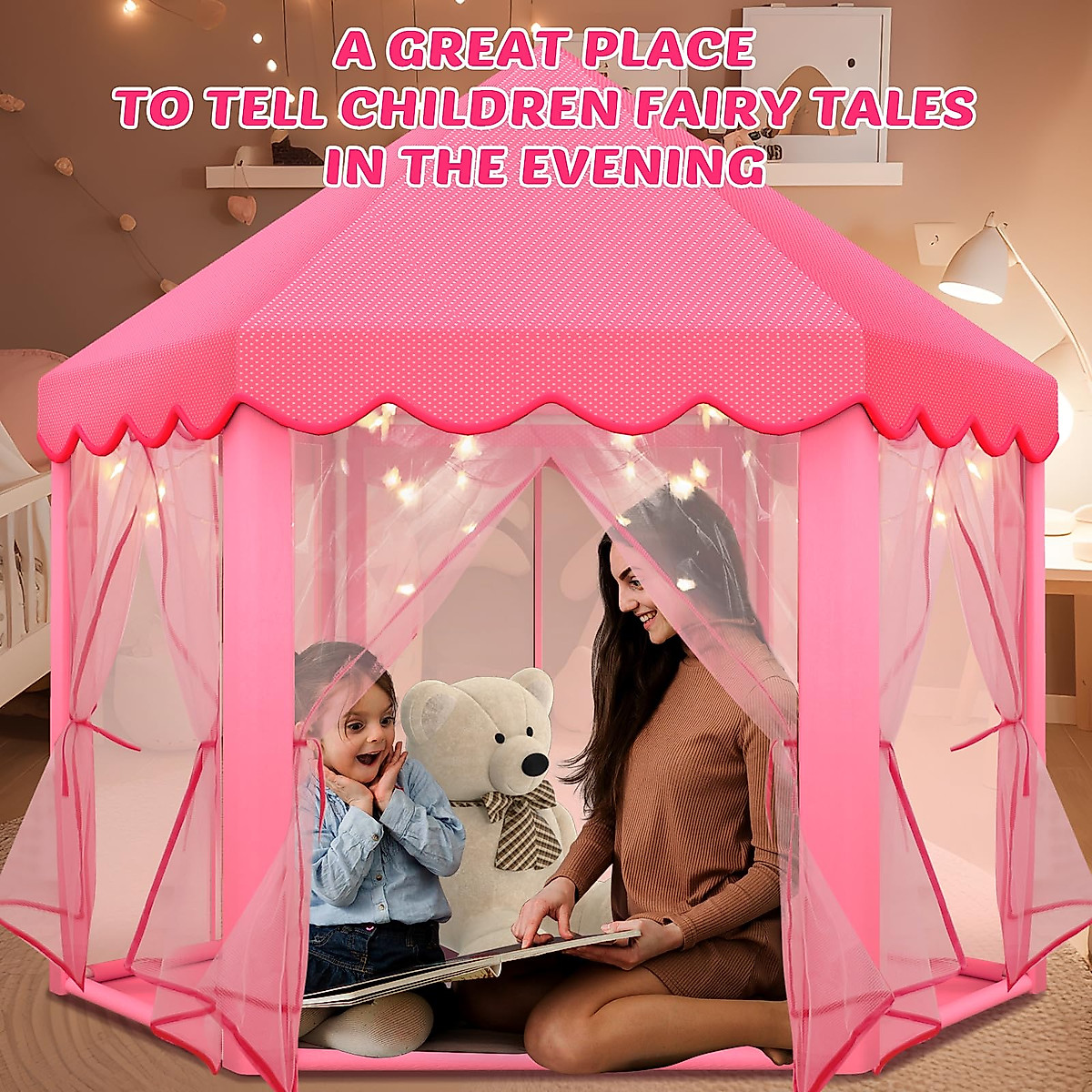 Princess Tent Girls Large Playhouse Kids Castle Play Tent with Star Lights Toy for Children Indoor and Outdoor Games for Ages 3 4 5 6 Year Old