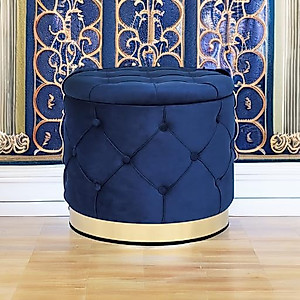 Homebeez 18.9" Round Velvet Storage Ottoman, Pre-Assembled Multi-Function Storage Vanity Stool, Button Tufted Accent Coffee Table with Golden Plate Base,Navy Blue
