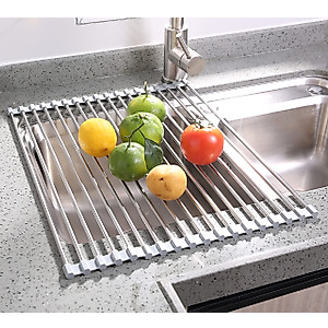 Over The Sink Dish Drying Rack, RidRed Roll up dish rack, High temperature resistance Kitchen Rolling Dish Drainer, Stainless Steel Sink Drying Rack, Foldable Dish Drainer, Gray (17.5 x 11.8)