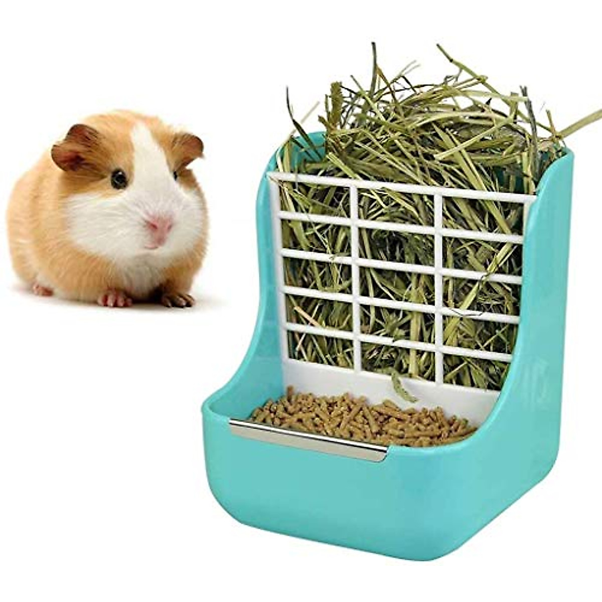 Rabbit Feeder Bunny Guinea Pig Hay Feeder, Hay Food Bin Feeder, Hay and Food Feeder Bowls Manger Rack for Rabbit Guinea Pig Chinchilla (6*6*7 Inches, Blue)
