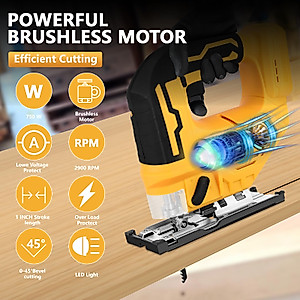 Jig Saw for Dewalt 18V/20V Max Battery, Cordless Jigsaw Tool Brushless Motor, Up To 2900 RPM, 45 Degree Beveled Cuts, LED Light for 4 Curve Cuttings, Plastic Box Include for Easy Carry (No Battery)
