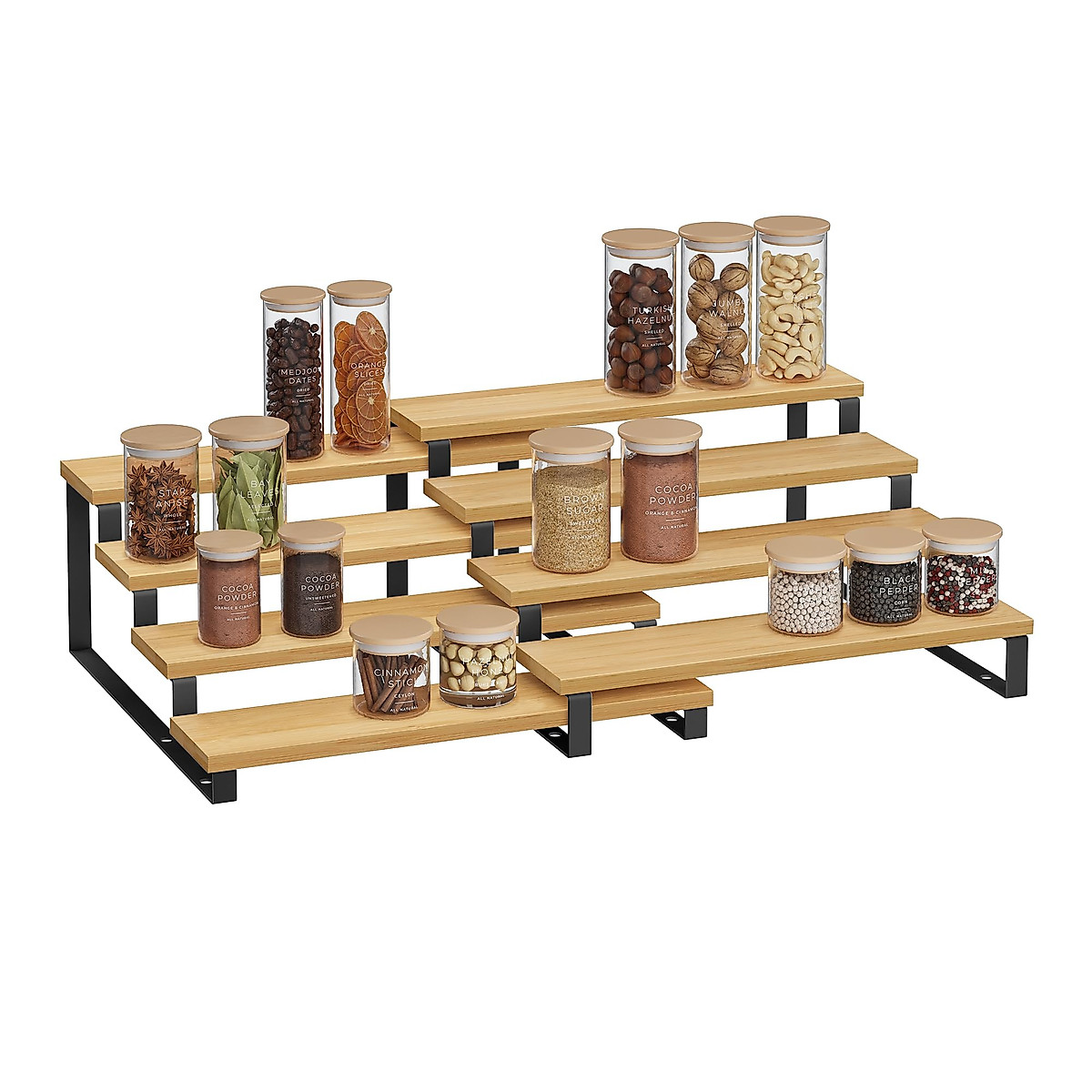 SONGMICS Display Risers, Set of 2 Engineered Wood Perfume Organizer Stand, 4-Tier Cupcake Stand Holder, Spice Rack, Shelf Risers for Figures, Dessert Shelves, Natural Beige and Ink Black UKCS216N01