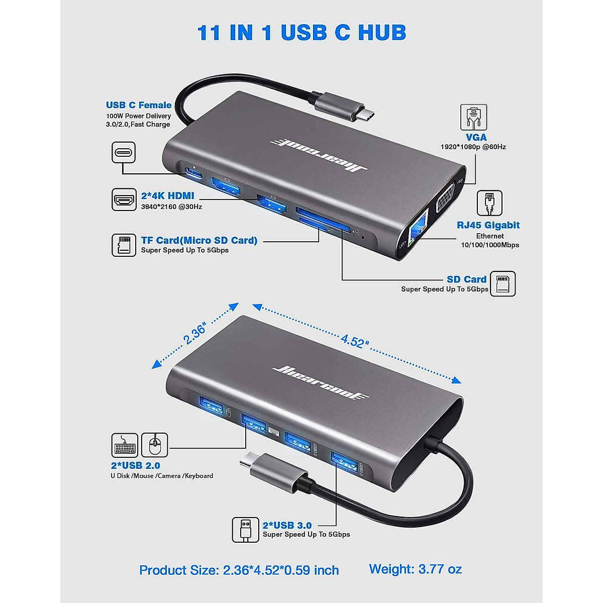 Hiearcool USB C Hub, USB-C Laptop Docking Station, 11IN1 Triple Display Type C Adapter Compatible for Dell Hp Lenovo Windows (2HDMI VGA PD3.0 SD TF Card Reader Gigabit Ethernet 4USB Ports)