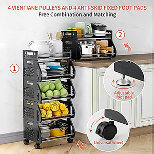 Baboies 5 Tier Fruit Vegetable Basket, Stackable Storage Cart with Wheels, Utility Rolling Stand Rack for Kitchen, Pantry, Garage, Produce, Onion, Potato