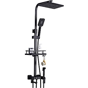 tatic Rain Shower System with Handheld,Wall Mounted Rainfall Shower Head with Shelf, Shower Faucet Set with Brass Mixer Valve and Toilet Bidet Sprayer, Black Shower Combo Kit Compatible with Ba