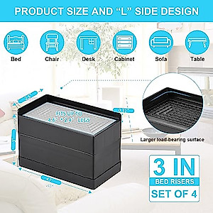 LUCKYQTQH Bed Risers Adjustable Furniture Risers Heavy Duty，Rectangle Bed Risers 3 Inches，Desk Risers for Sofa Couch Bed Frame ，Supports Up to 3000 lbs (4 Piece Set)