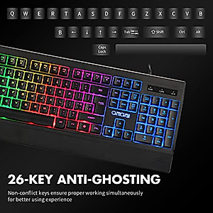 CHONCHOW Ergonomic LED Rainbow Keyboard for Game and Work, USB Wired Light Up Backlit Gaming Keyboard with Wrist Rest, 104 Key Quiet RGB Keyboard for PC Xbox PS4 PS5 Laptop