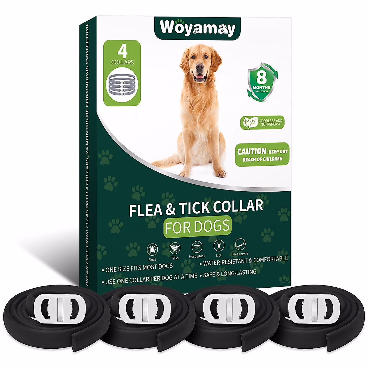 Woyamay Flea Collar for Dogs, 4 Pack Flea and Tick Collar for Dogs, 8-Month Dog Flea and Tick Treatment and Prevention, Waterproof Dog Flea Collar, Adjustable Dog Flea and Tick Collar, Black