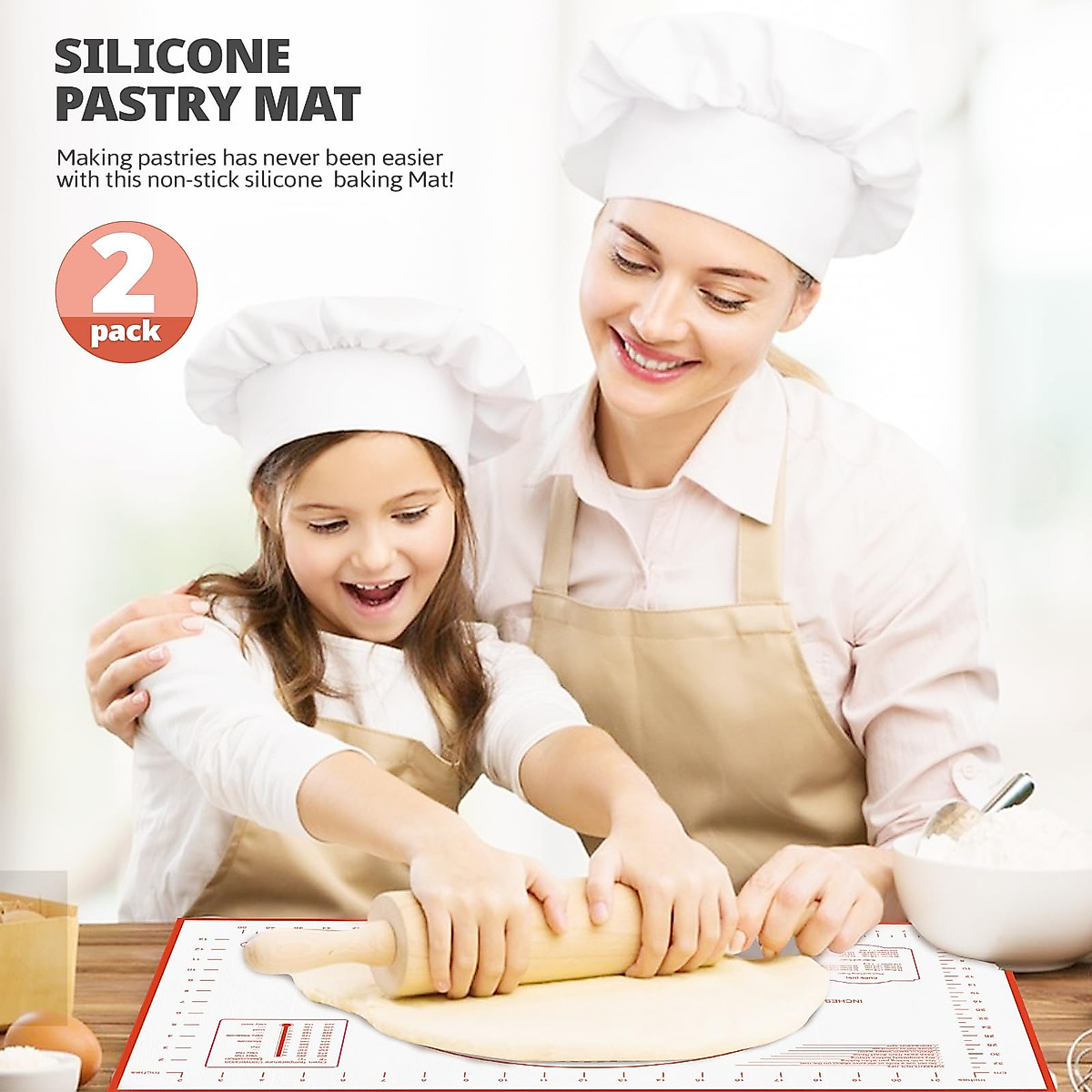2 Pack Silicone Baking Mat, 24" x 16"Extra Thick Large Non Stick Pastry Mat Sheet for Dough Pie Crust Rolling Mats for Making Cookies Macarons Bread Baking Supplies, Easy to Clean
