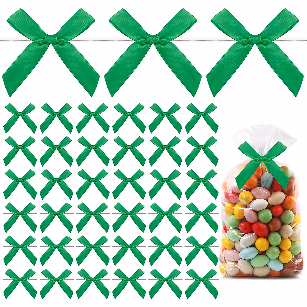 50 Pack Green Twist Tie Bow, Satin Ribbon Bows Small Bows for Crafts, Mini Bowties Bowknot for Gifts DIY Decorations Treat Bags, Gift Wrap Bags, Bakery Cookie Candy Bags Party Favors Packaging Bows
