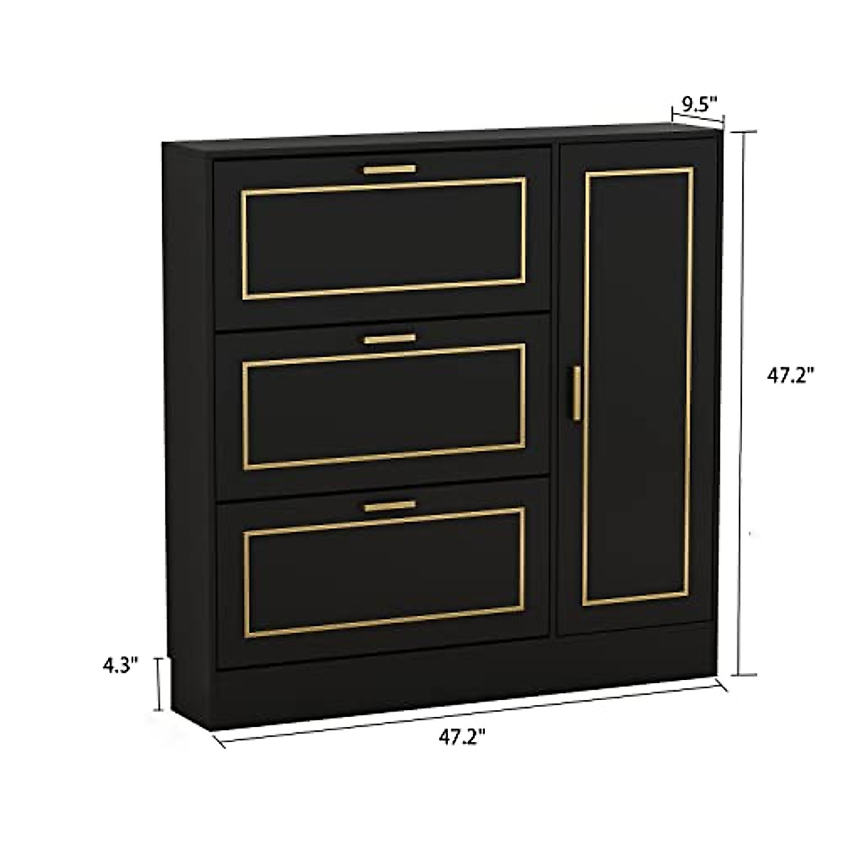 Homsee 3 Drawers Shoe Storage Cabinet with Door, 3-Tier Wood Shoe Rack Storage Organizer with Shelves for Entryway, Black and Gold (47.2”L x 9.5”W x 47.2”H)