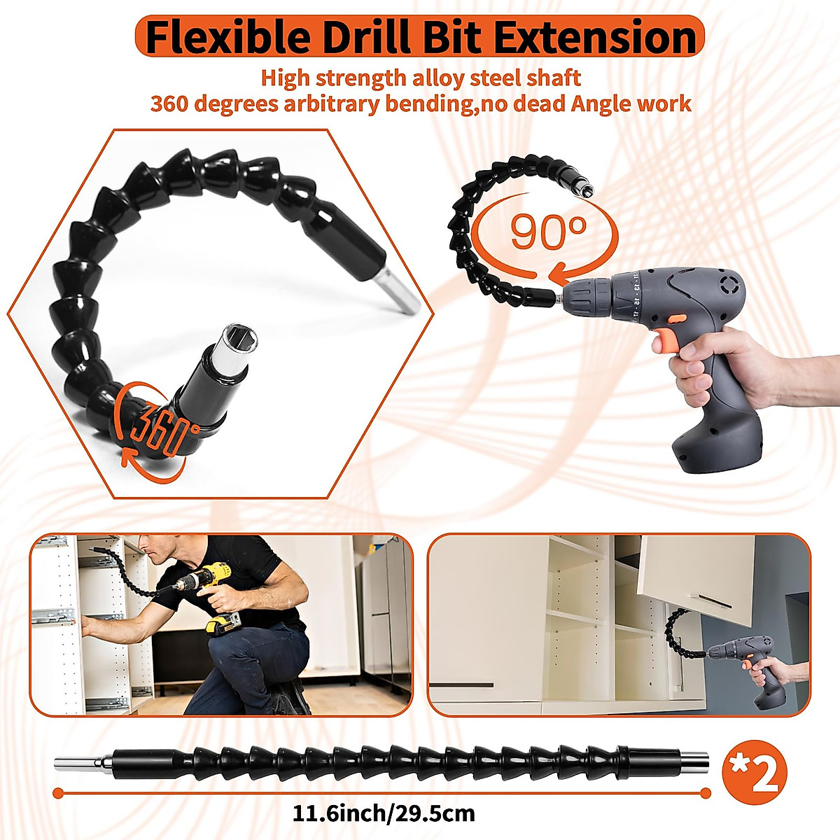 33Pcs Flexible Drill Bit Extension Set-2 Pcs 105°Right Angle Drill Bit Extension, 1/4 3/8 1/2" Universal Socket Adapter Set, Bendable Drill Bit Extension, screw bit holder and Screwdriver Bit Kit