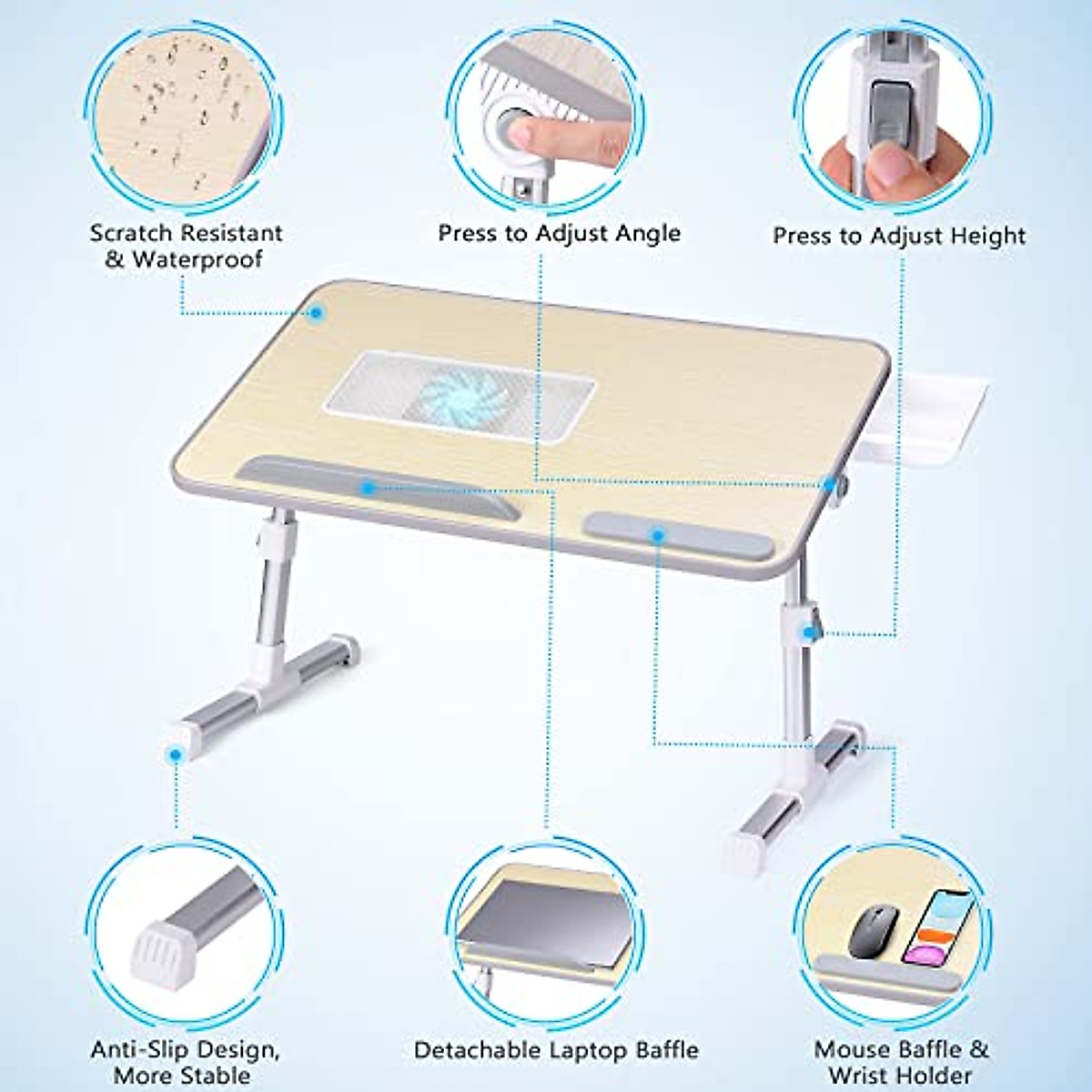 Slendor Laptop Desk Adjustable Laptop Stand Foldable Bed Table Portable Lap Desk Folding Notebook Stand Reading and Writing Holder Breakfast Tray with Drawer and Cooling Fan for Couch Sofa Floor